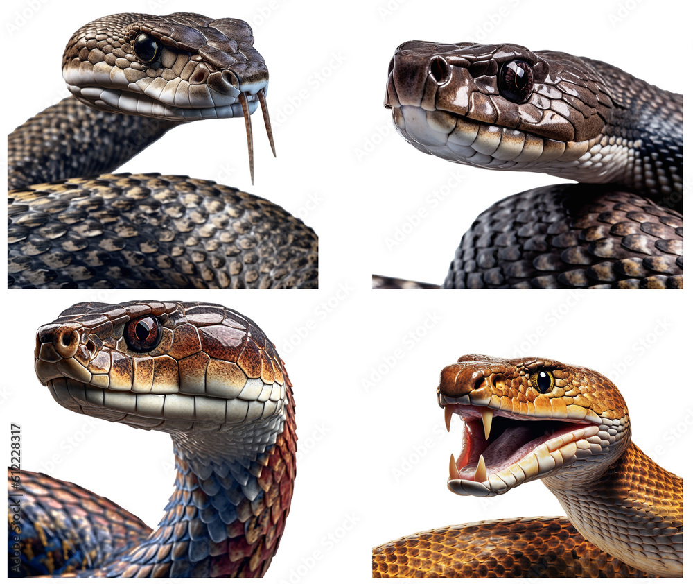 close ups of different types of snakes in different colors, on a ...