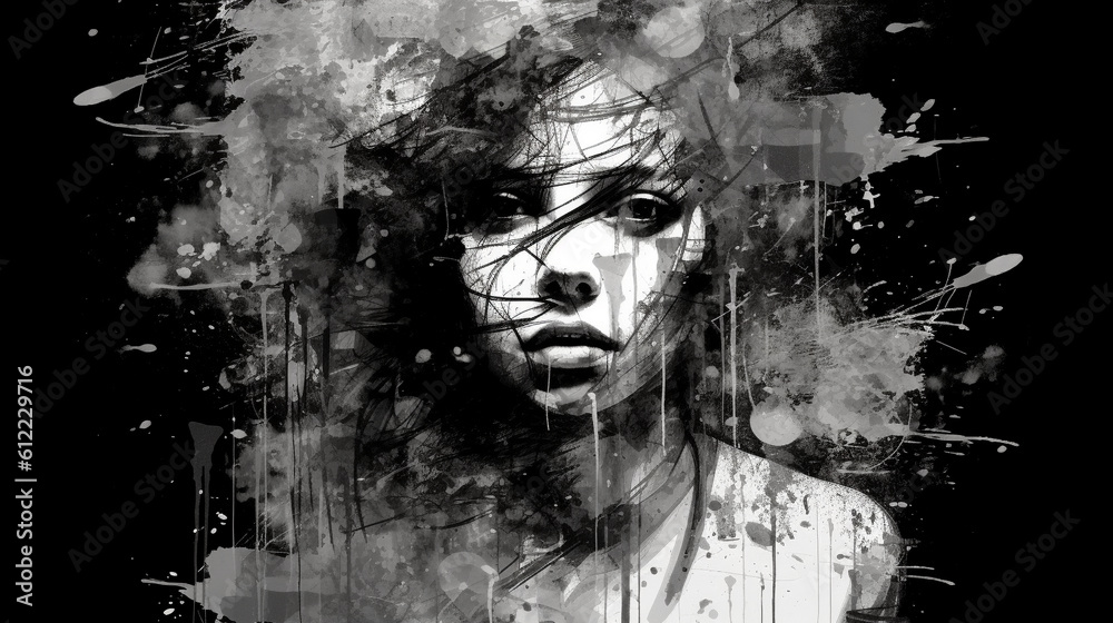 Black and White Drawing of a Woman With a Blank Look on Her Face ...