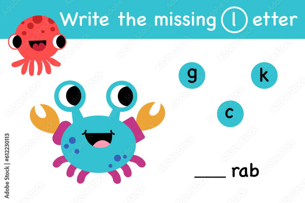 Write the missing letter crab underwater cartoon character. Printable ...