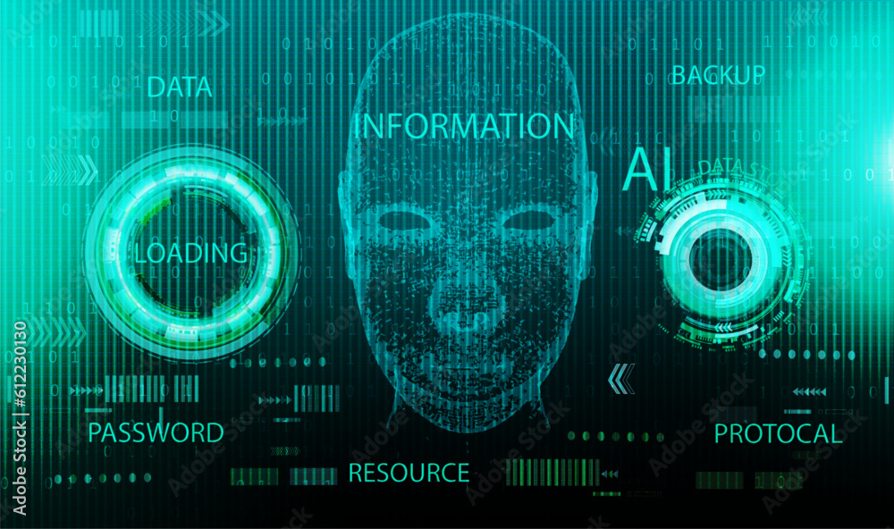 Ai robot of binary coding processing over blue background. online cyber ...