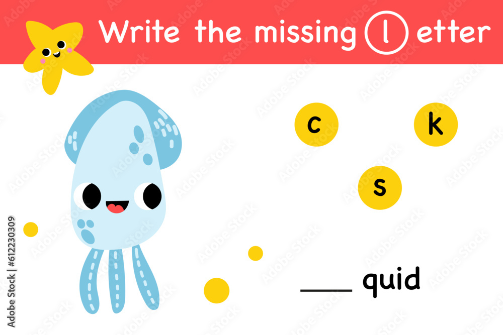 Underwater squid letter alphabet find missing matching exercise game ...