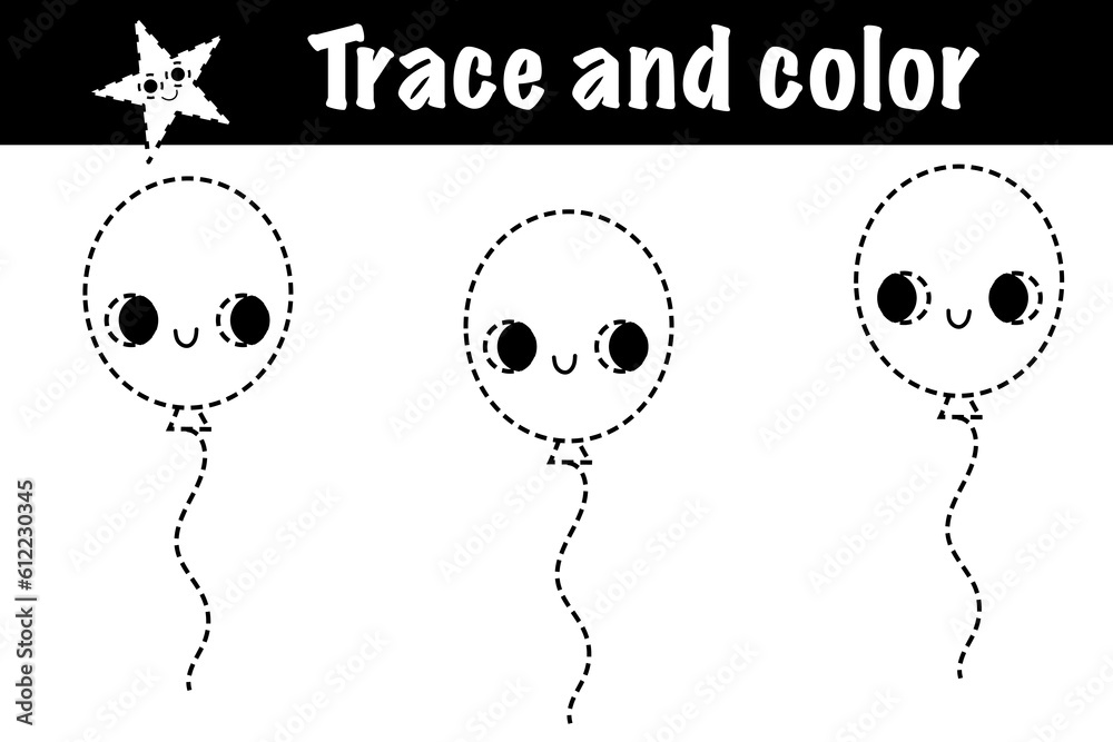 Vetor de Trace and color balloon happy birthday worksheet pages ...