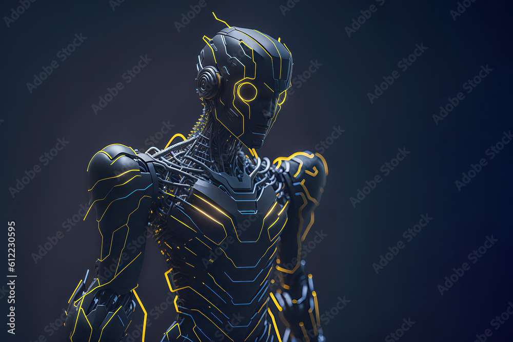 Figure of robot made of metal and electronic systems. Cyborg robot on ...