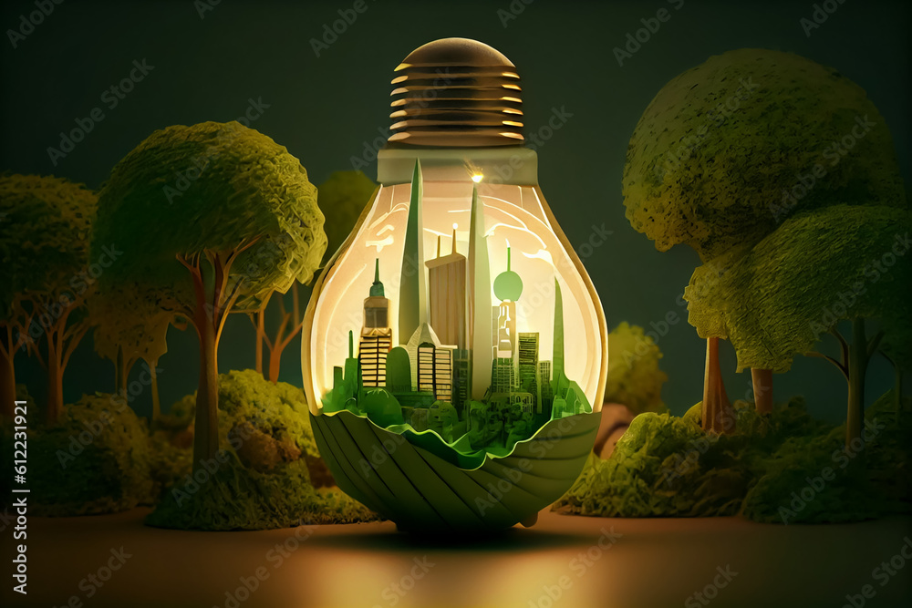 Green city with large trees and modern tall buildings inside light bulb ...