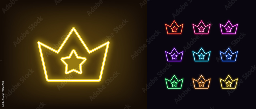 Outline neon star crown icon set. Glowing neon royal crown with star ...
