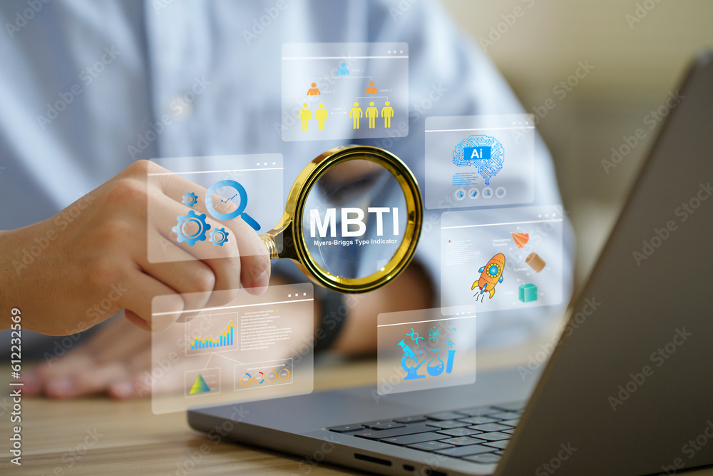 businessman holding magnifying glass with MBTI icons around it ...