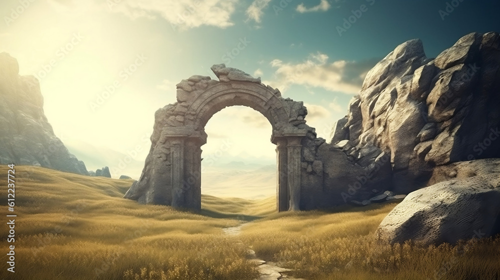 Fantasy landscape with a portal archway. Ancient magical stone gate ...
