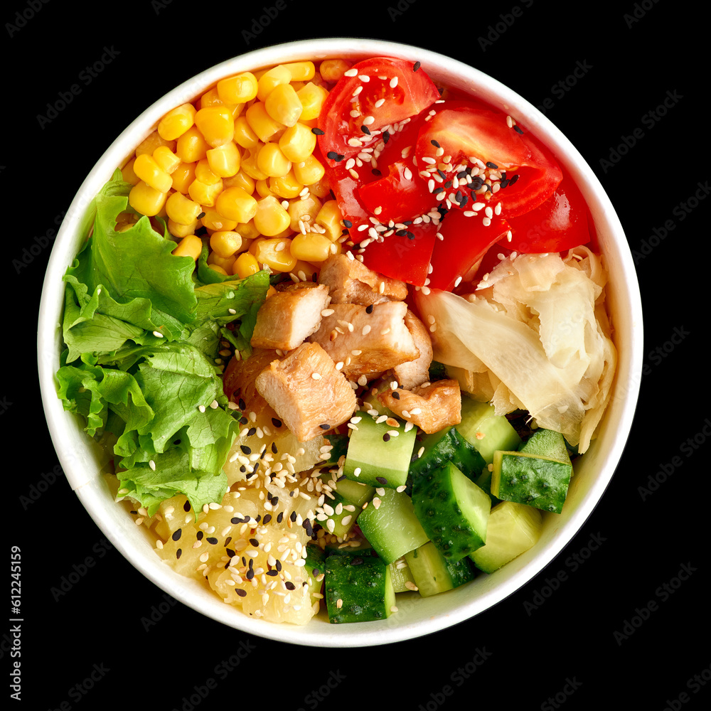 Top view of Chicken bowl isolated on black background. Ready square ...