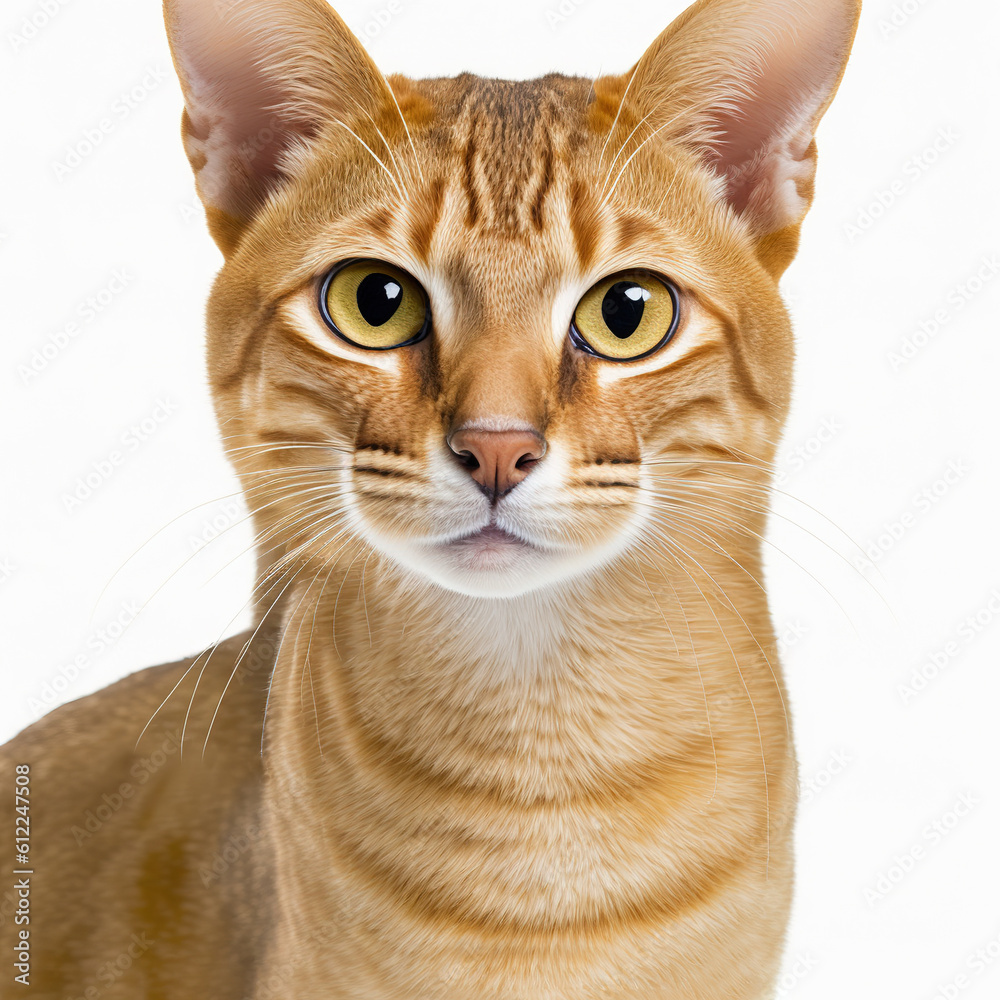 Adorable cheetoh cat portrait looking at camera on white isolated ...