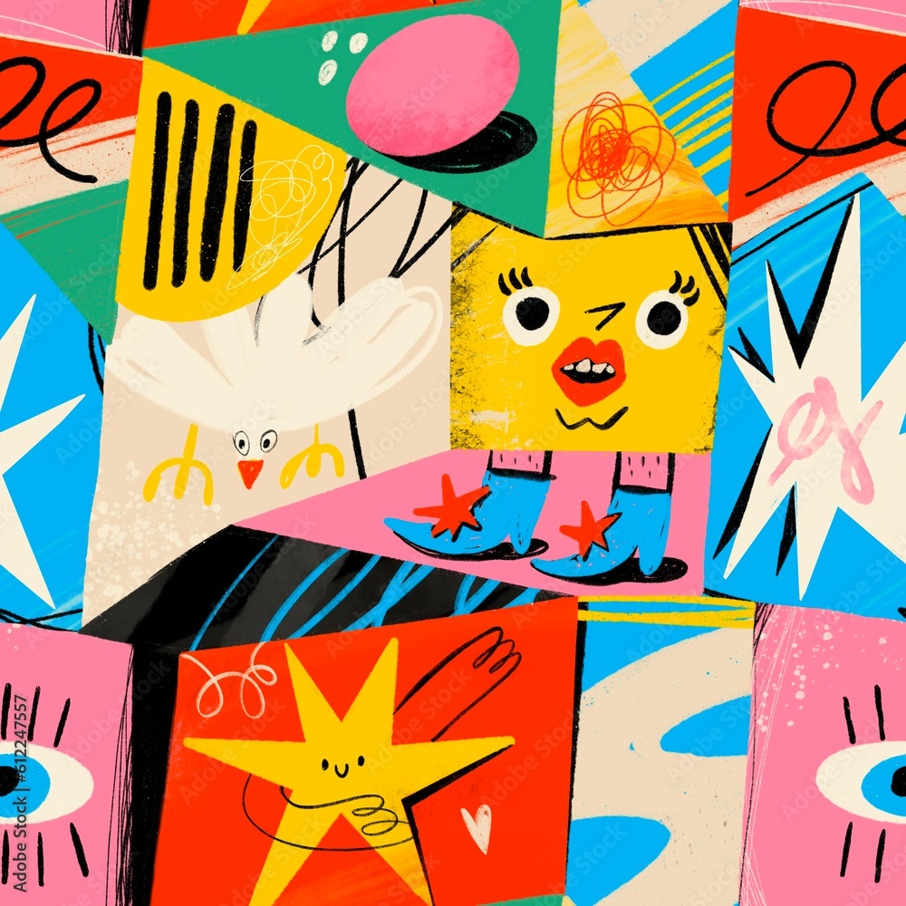 Various abstract cartoon creatures, doodle shapes and objects. Bird ...