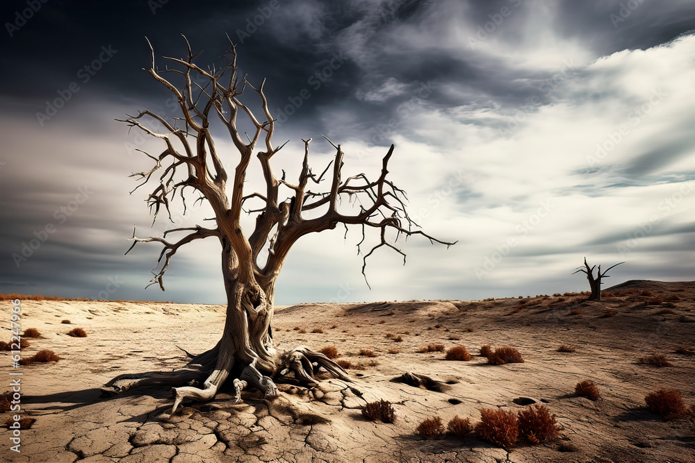 Surreal parched landscape with withered leafless tree on sandy ...