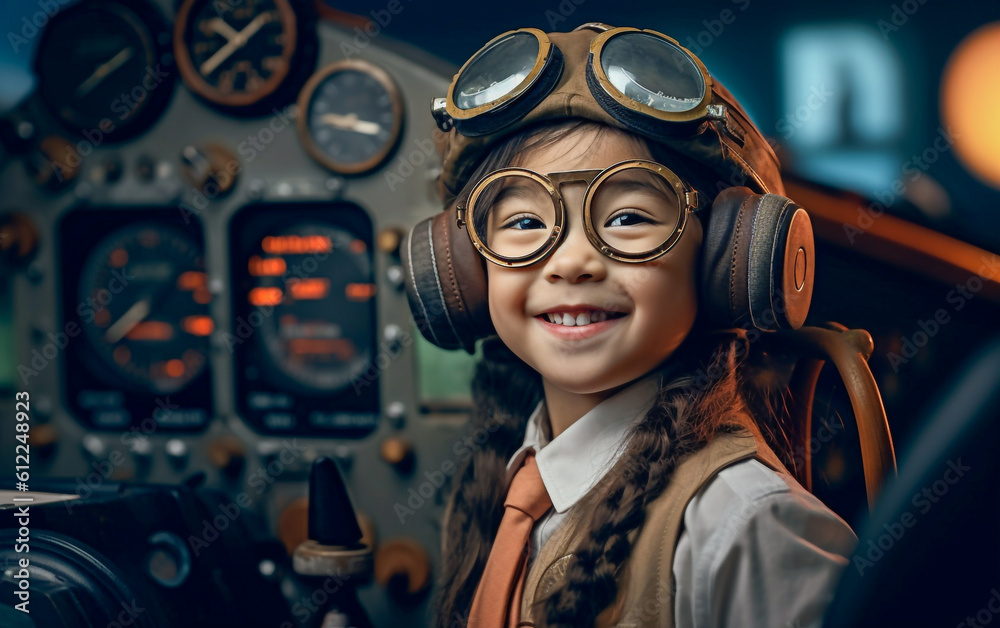 Happy and joyful looking kid dressed as an airplane pilot in the ...