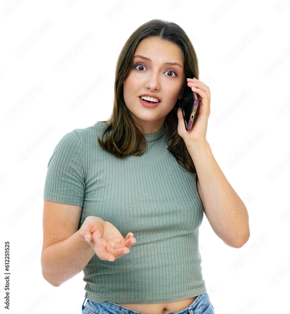 Portraint of caucasian woman talking on mobile phone, isolated on white ...
