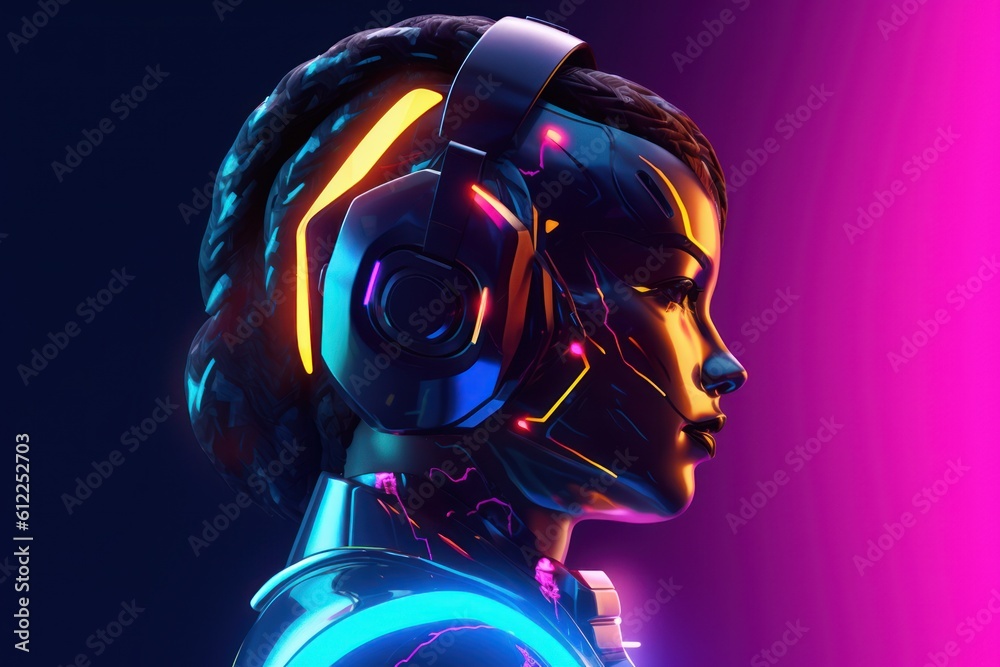 Synthwave Futuristic Cyberpunk Cyborg with Headset, Bright neon colours ...