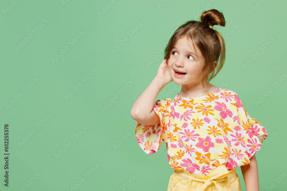 Little nosy child kid girl 6-7 years old wear casual clothes have fun ...