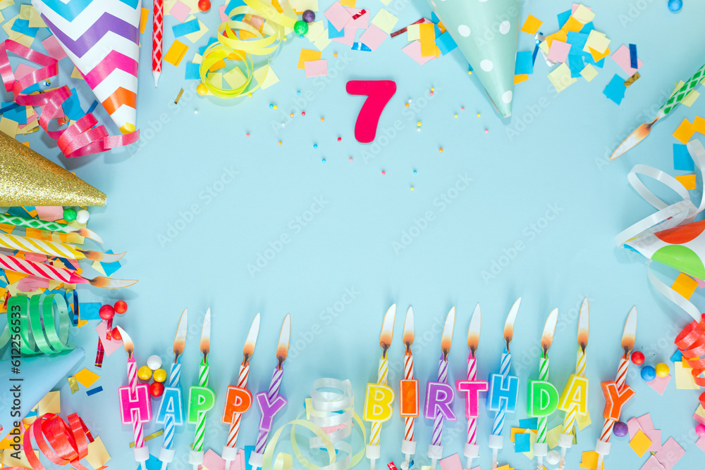 Top view card happy birthday with number 7. Copy space. Postcard ...