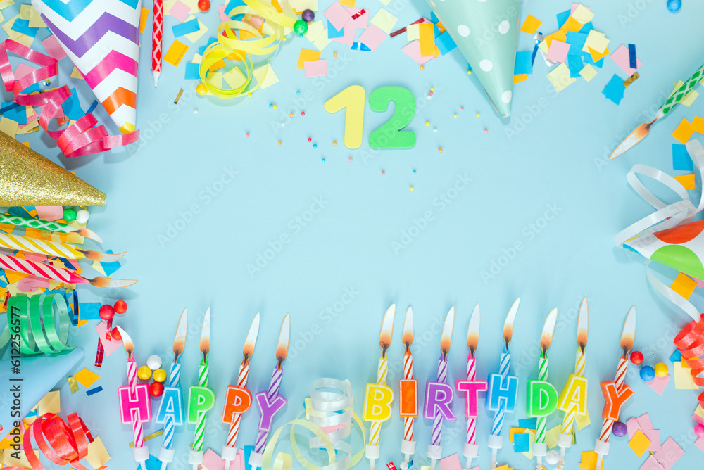 Top view card happy birthday with number 12. Copy space. Postcard ...