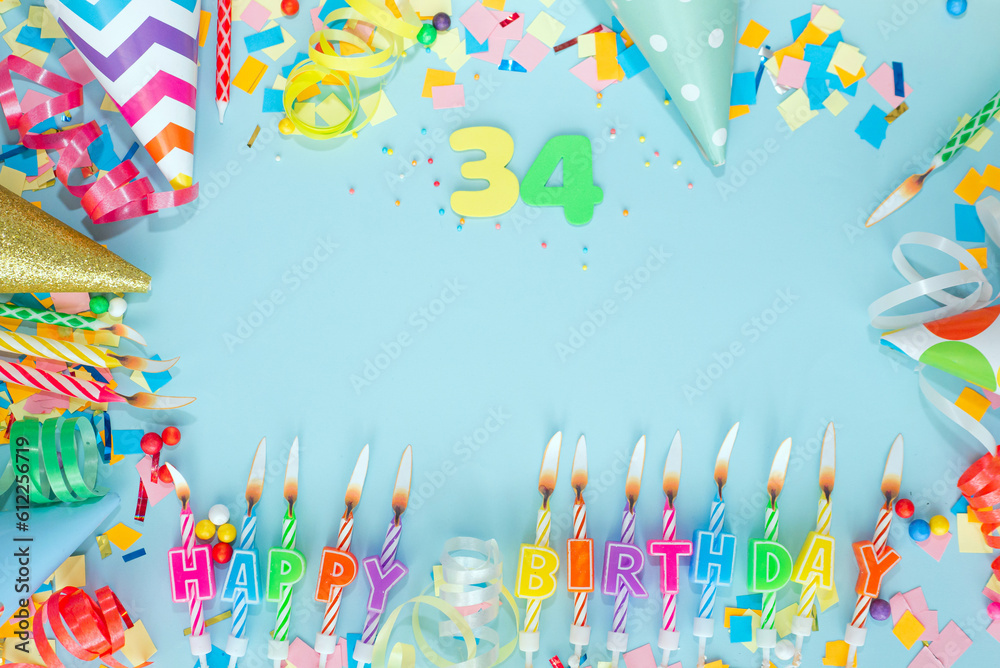 Top view card happy birthday with number 34. Copy space. Postcard ...