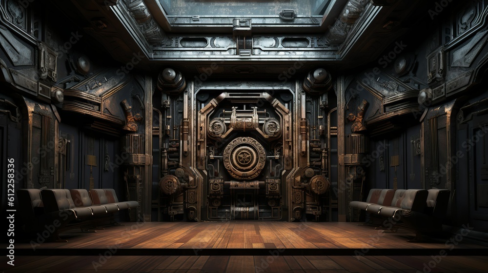 Dark sci-fi dieselpunk space station corridor interior with hangar door ...