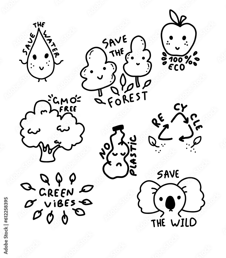 Ecological doodle stickers. Collection of eco stickers with slogans ...