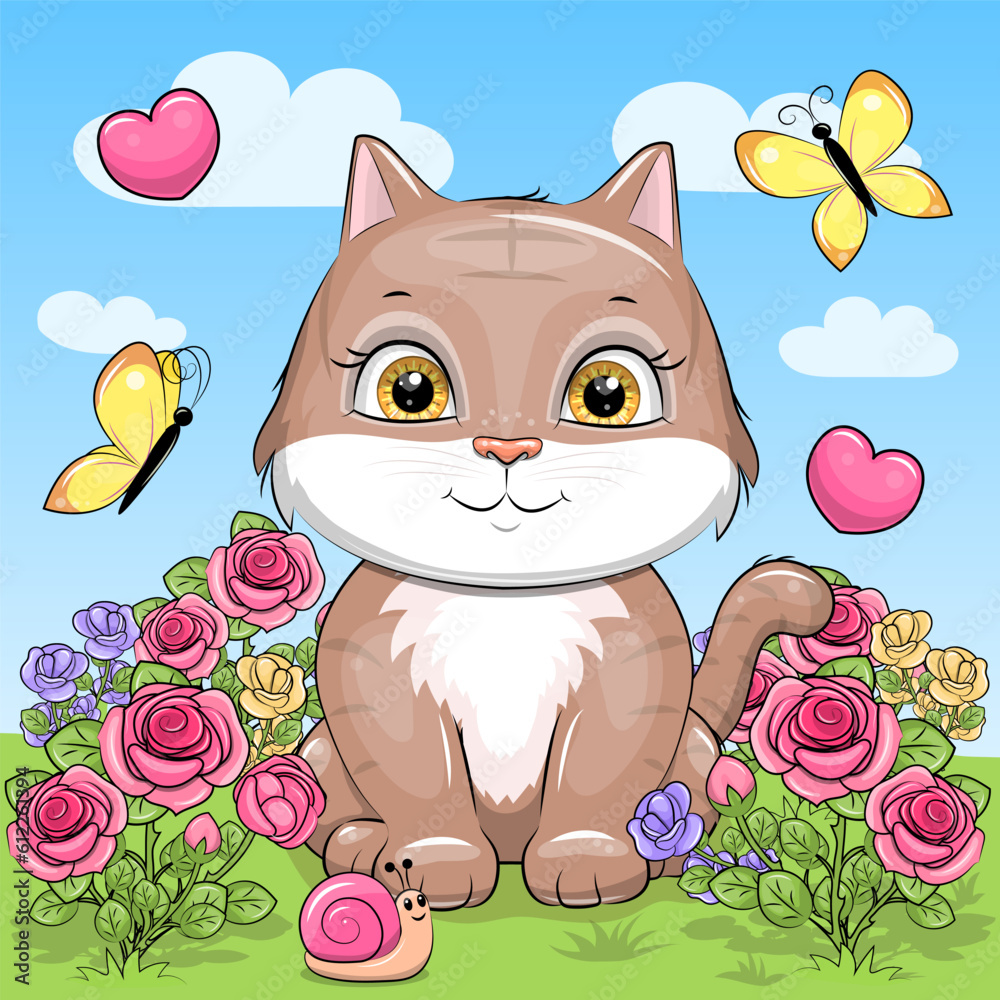 Cute cartoon cat in the rose garden. Vector illustration of an animal ...