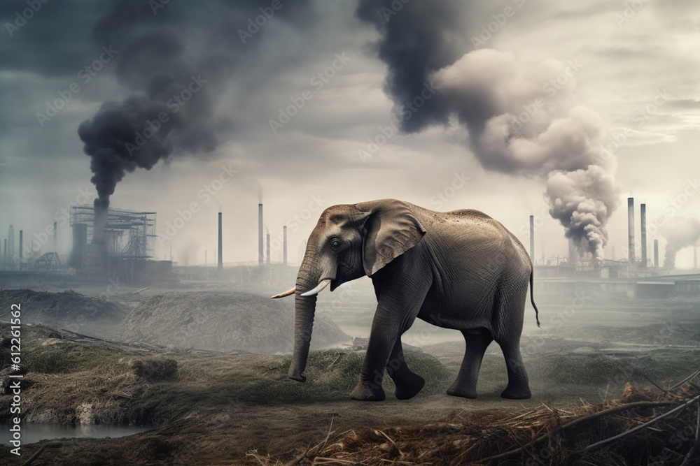 Elephant and industrial factory, disaster for wildlife animals, damage ...