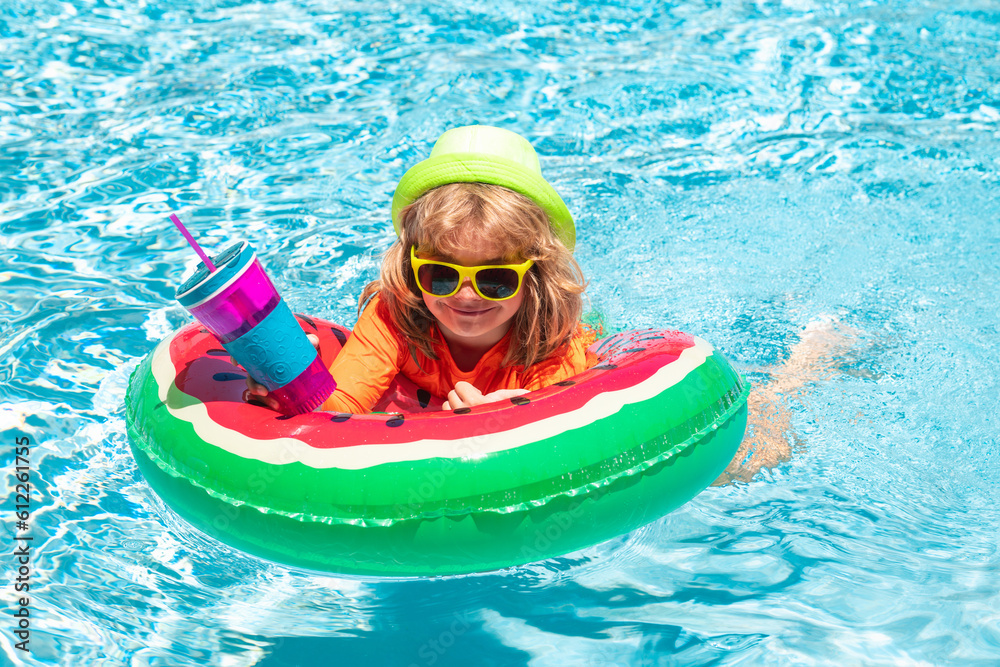 Summer vacation fun. Summer kids vacation, boy swim in pool. Cute kid ...