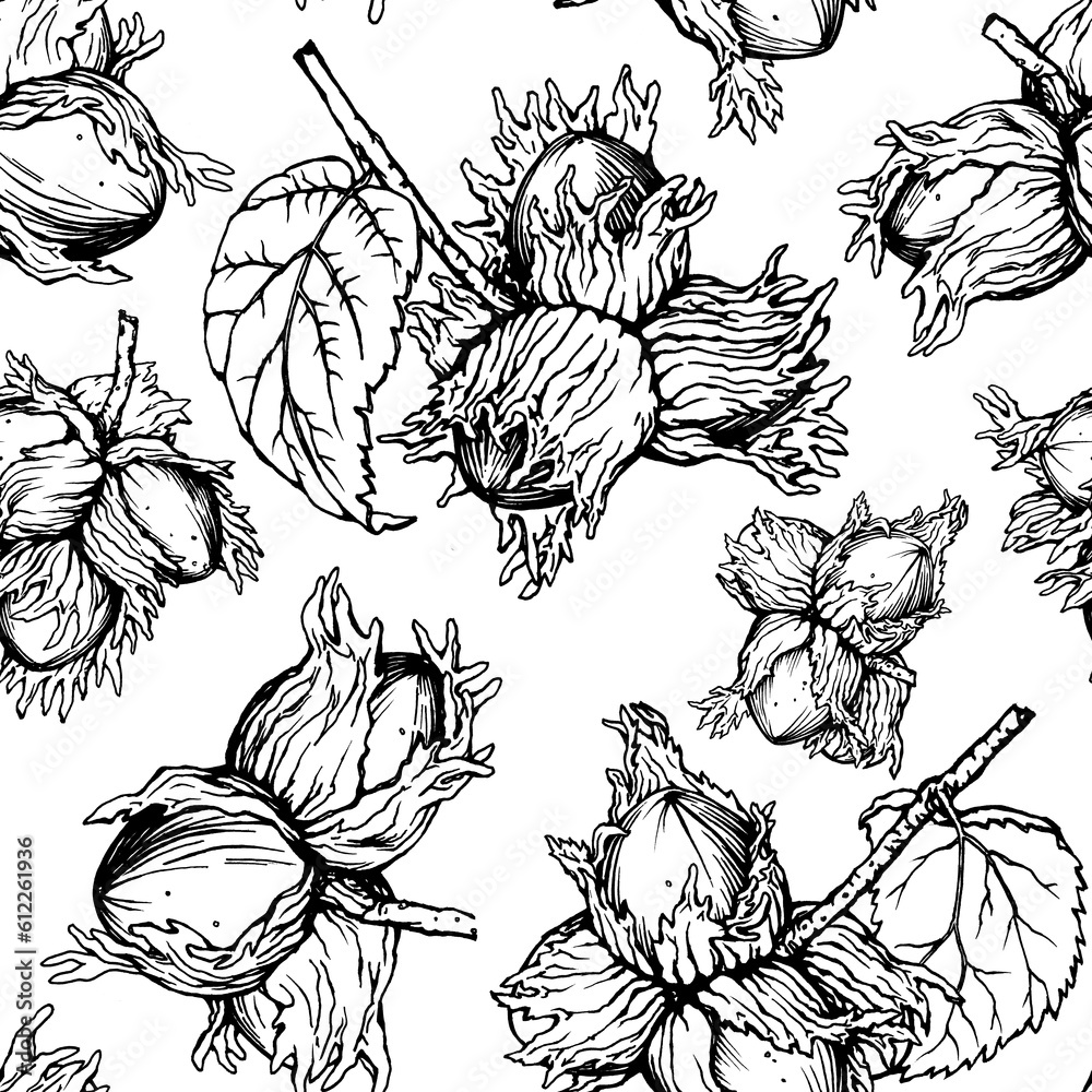 Seamless pattern with spiny husks and leaves (Corylus avellana, common ...