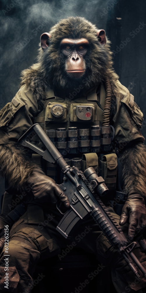 Monkey in body armor and with a machine gun animals , Generative Ai ...