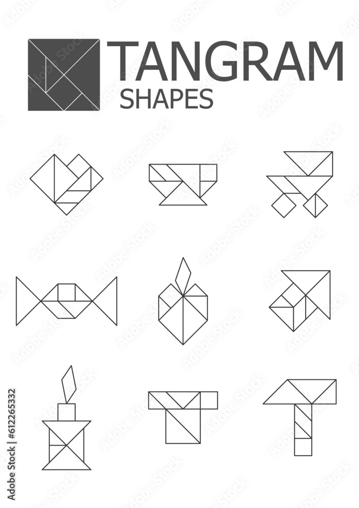 Shapes Set tangram Linear illustration on a white background. isolated ...