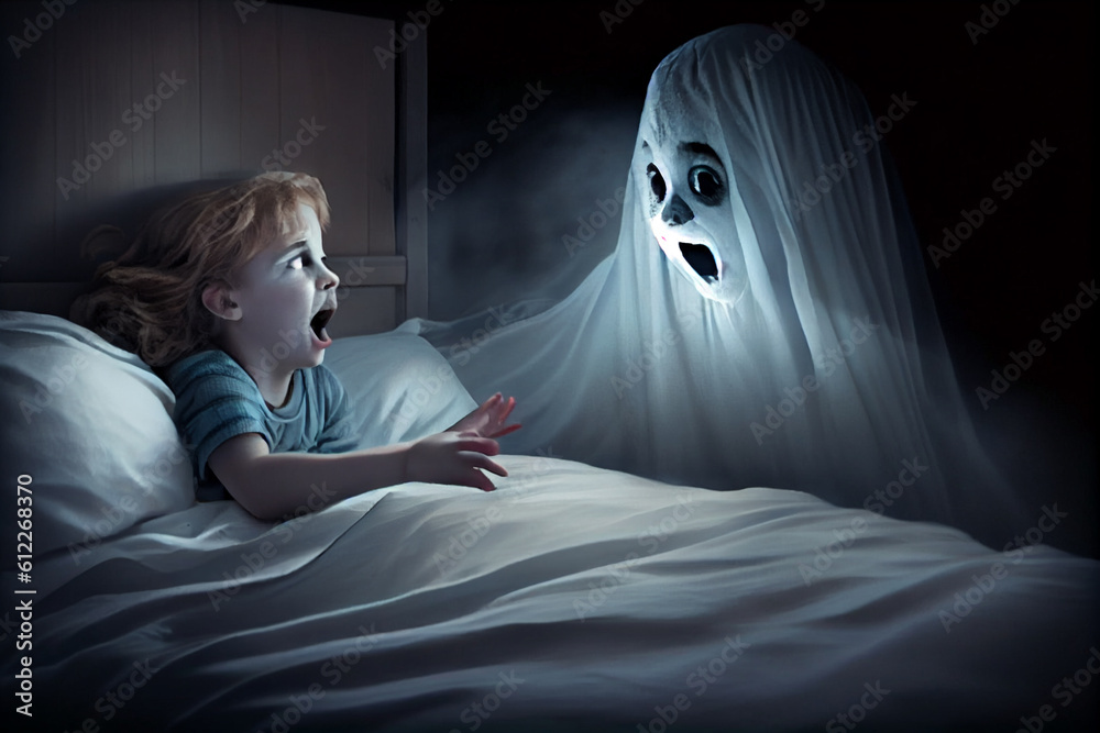 Ghost scares a child in bed. AI generated Stock Illustration | Adobe Stock