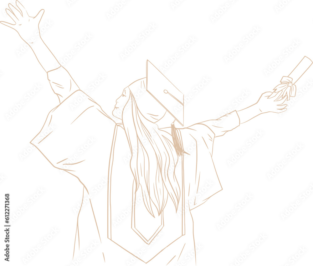 Hand Drawn Woman Wearing Graduation Toga Gown Suit Clothing Outfit Line ...