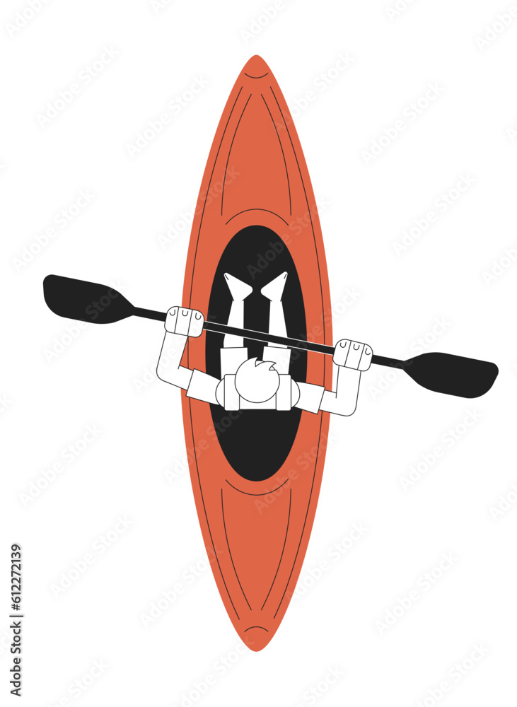 Young man with paddle sitting in canoe top view monochromatic flat ...