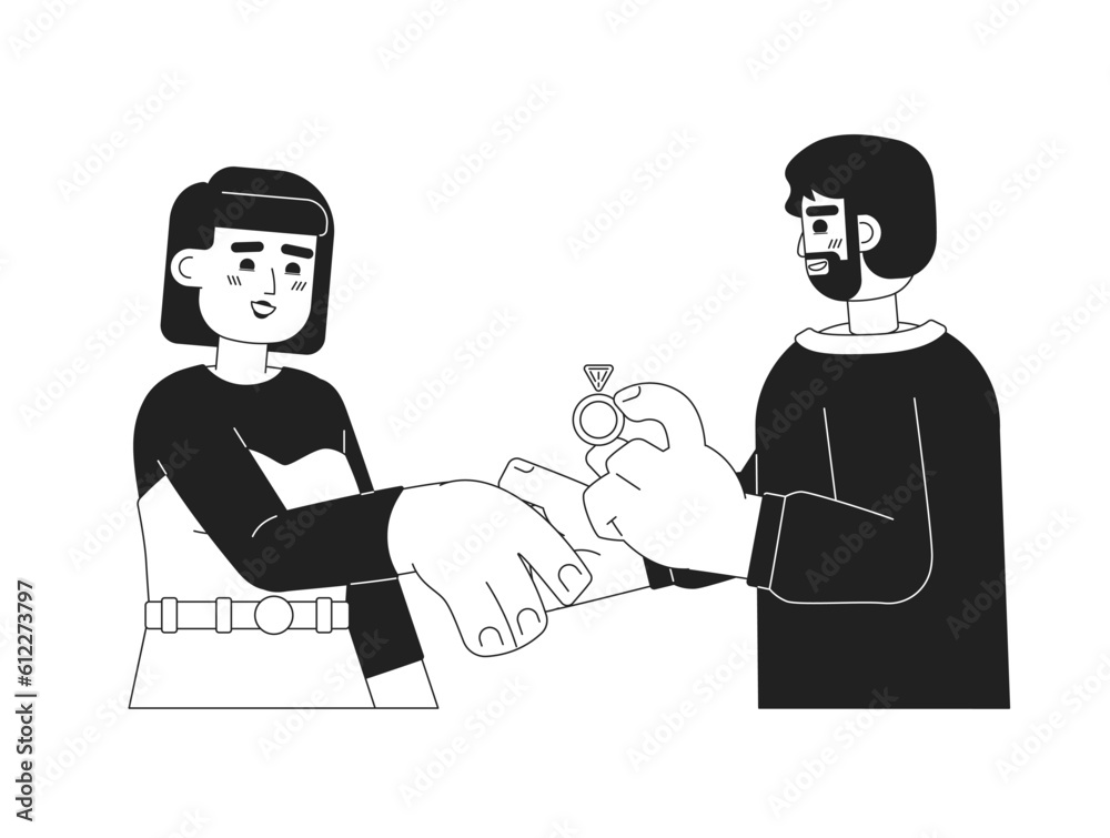 Proposing with ring monochrome concept vector spot illustration. Happy ...
