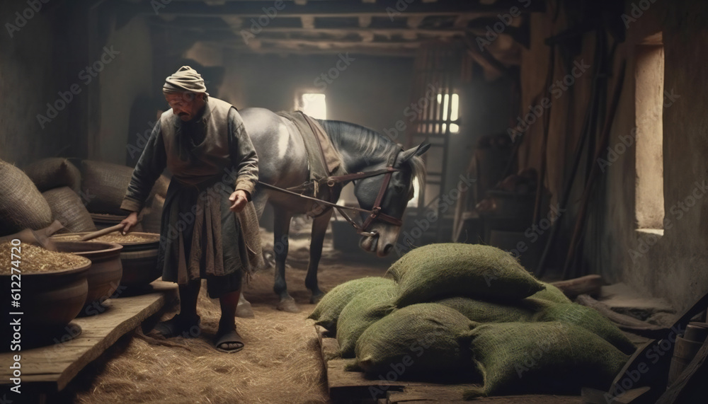 Recreation of an ancient medieval peasant unloading sacks of olives ...