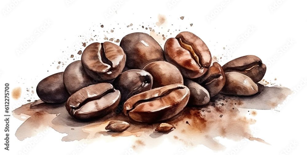 Watercolor drawing of delicious roasted coffee beans with leaves, cut ...