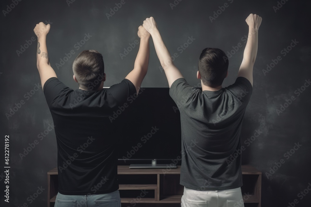 back view of two young men with arms raised in front of blackboard, Two ...
