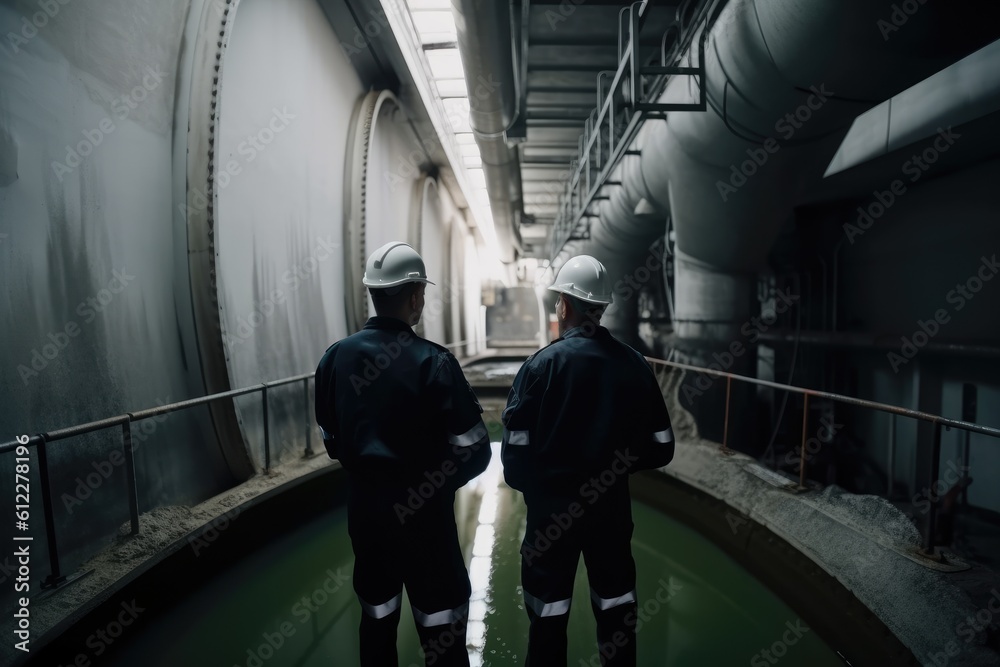 Couple of engineers working in a thermal power plant. They are looking ...