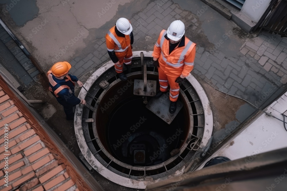 overhead view of workers in uniform and helmets working at construction ...