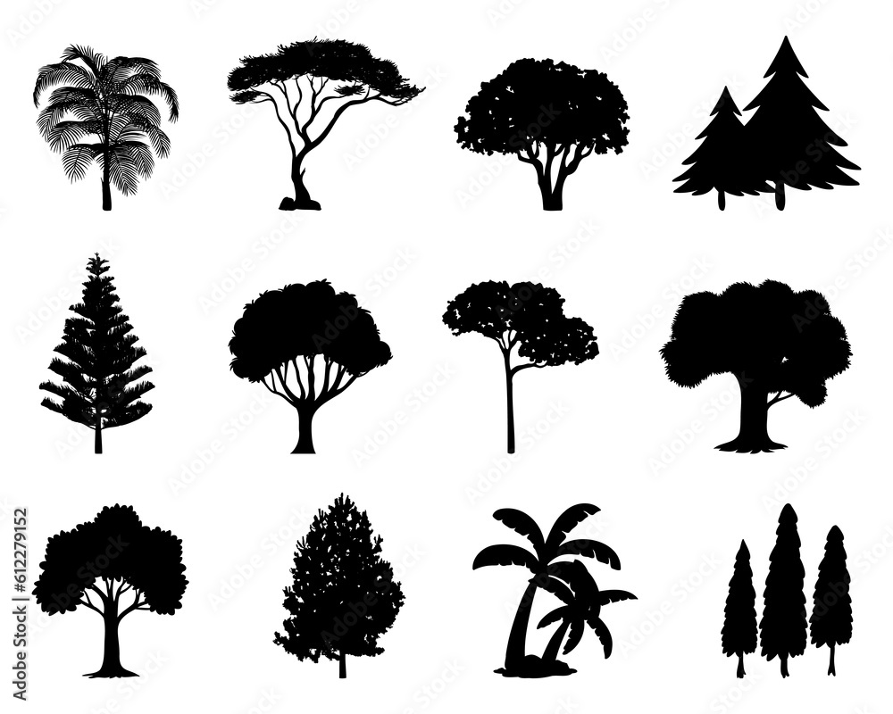 Set of different black tree silhouette. Environment tree silhouette ...