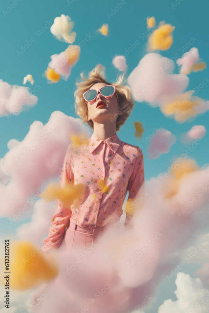 A young, beautiful girl who is in the clouds, thick white clouds on ...
