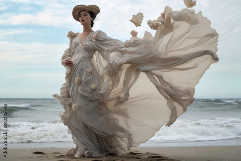 A pregnant woman in an old fashioned, renaissance pompous dress for a ...