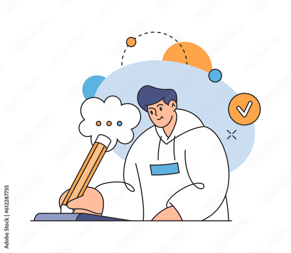 Man making notices by pencil in notebook, flat cartoon vector ...