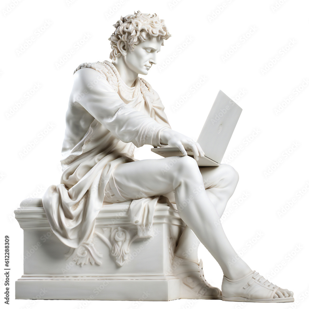 Classic gypsum statue using a laptop for IT isolated. Generative ai art ...