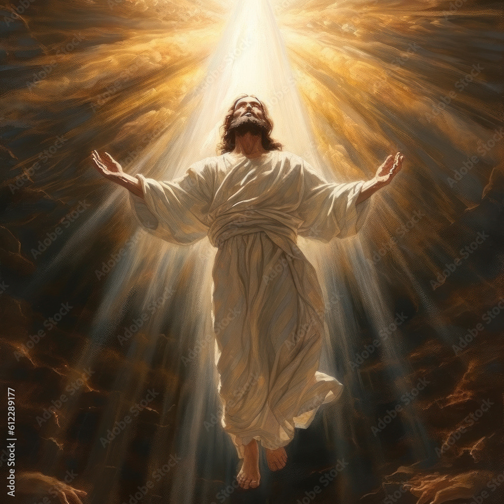 Jesus is shown ascending with outstretched arms, radiating divine light ...