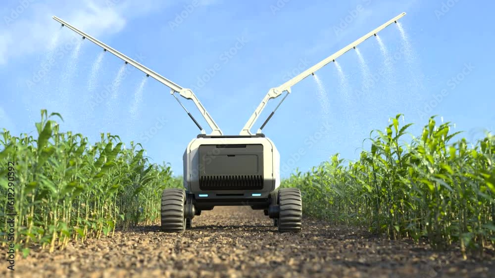 Agricultural robots work in smart farms, Robot spraying fertilizer on corn fields, Smart ...
