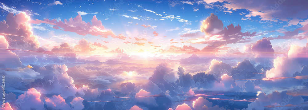 Heavenly sky. Sunset above the clouds abstract illustration. Extra wide ...