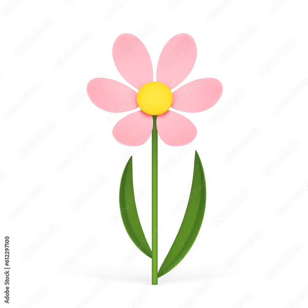 Pink Organic Fresh Chamomile Natural Flower Stem Curved Leaves 3d Icon Realistic Vector