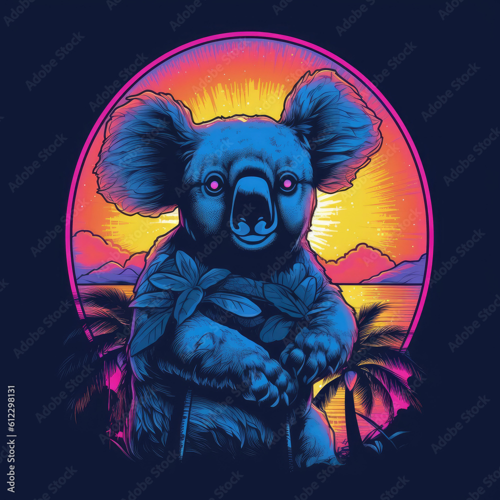 Koala artwork with neon vibes and sunset backdrop Vaporwave-inspired ...
