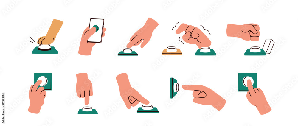 Hands pushing, pressing button set. Fingers, fist touching, hitting ...